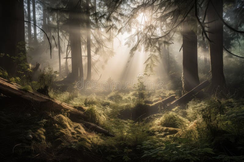 Forest, with Mist Rising from the Forest Floor and Sunlight Filtering ...