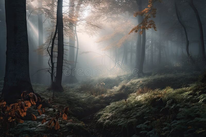 Forest with Mist Rising from the Ground, Creating Tranquil and Serene ...