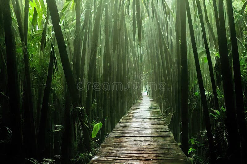 Forest in Misty Haze and Empty Duckboards Path in Forest Stock ...