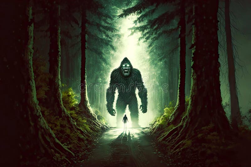 Forest Monster with Bigfoot on Lighted Forest Path among Trees Stock ...