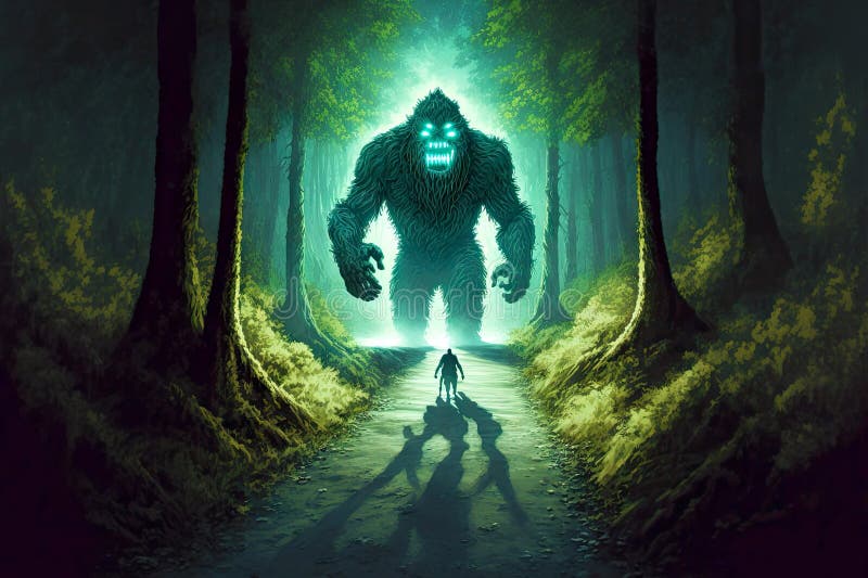 Forest Monster with Bigfoot on Lighted Forest Path among Trees Stock ...