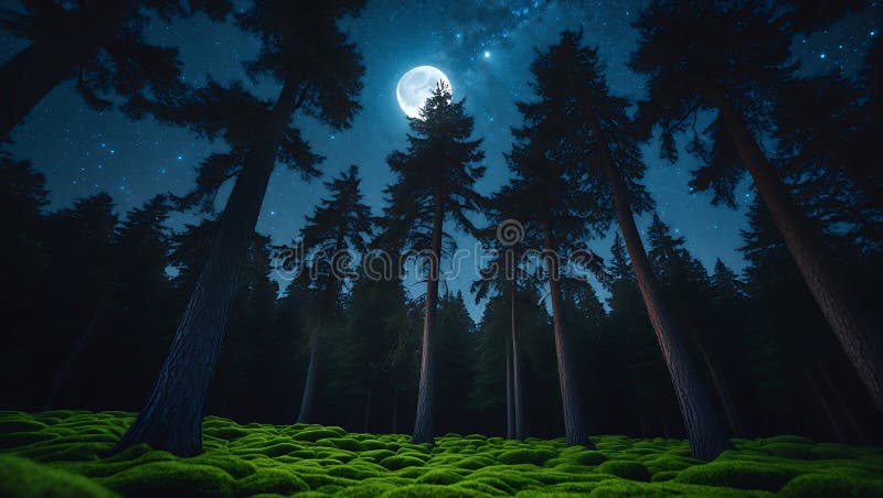 Enchanted Moonlight Forest: Tall Trees and Luminous Moss Stock ...