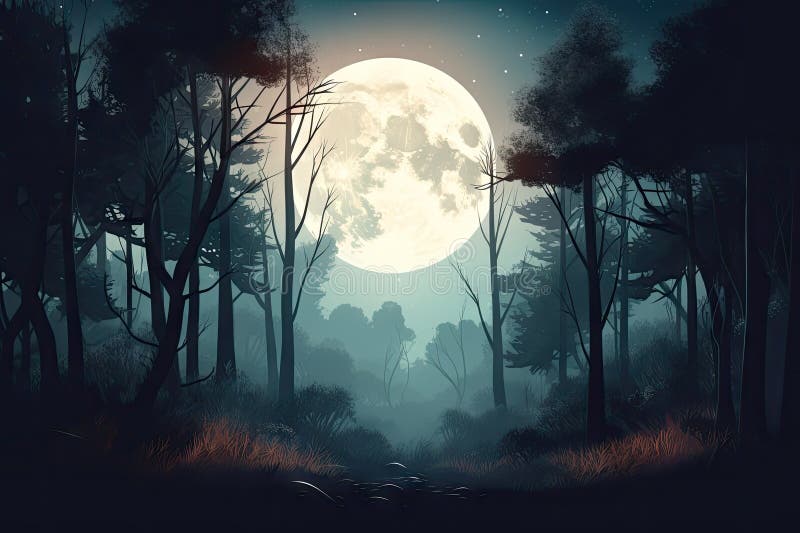 Forest in Moonlight, with the Full Moon Shining through the Trees Stock ...