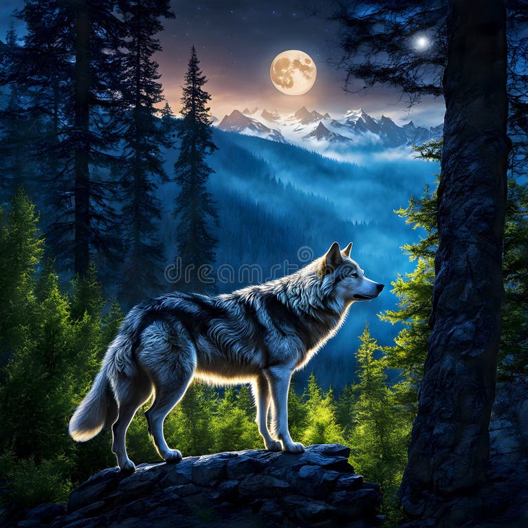 Forest Moonlight Wolf stock illustration. Illustration of wild - 370038082