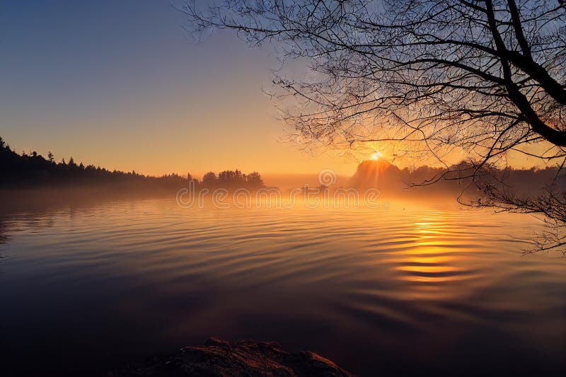 Forest Morning Fog Over the Lake and Trees Stock Illustration ...