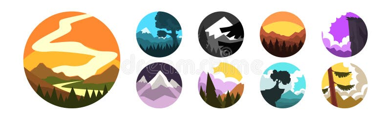 Forest and Mountain Colorful Round Scene and View Vector Set Stock ...