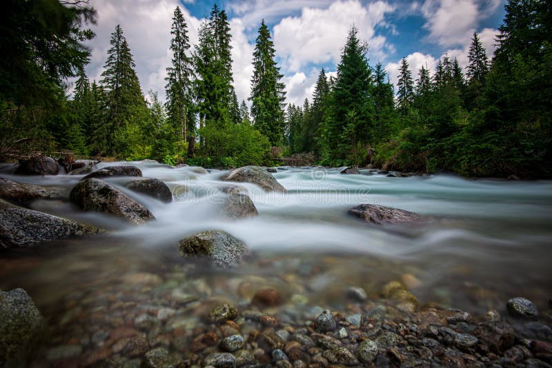 Forest Mountain River with Waterfall Over the Rocks Stock Image - Image ...