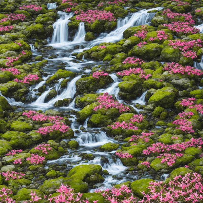 Forest, Mountain, Waterfall, and Lilly Flower. Stock Illustration ...