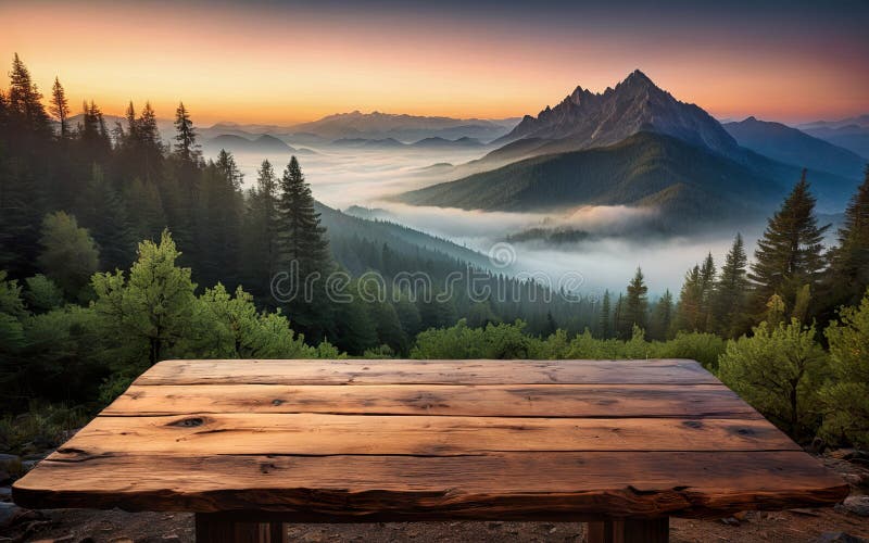 Forest and Mountains in Fog, Empty Wooden Table Close-up Stock ...
