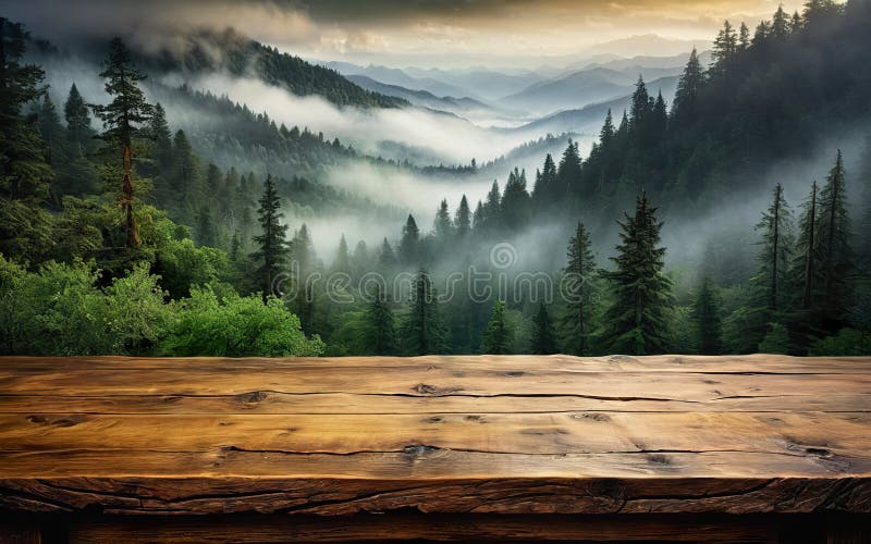 Forest and Mountains in Fog, Empty Wooden Table Close-up Stock ...