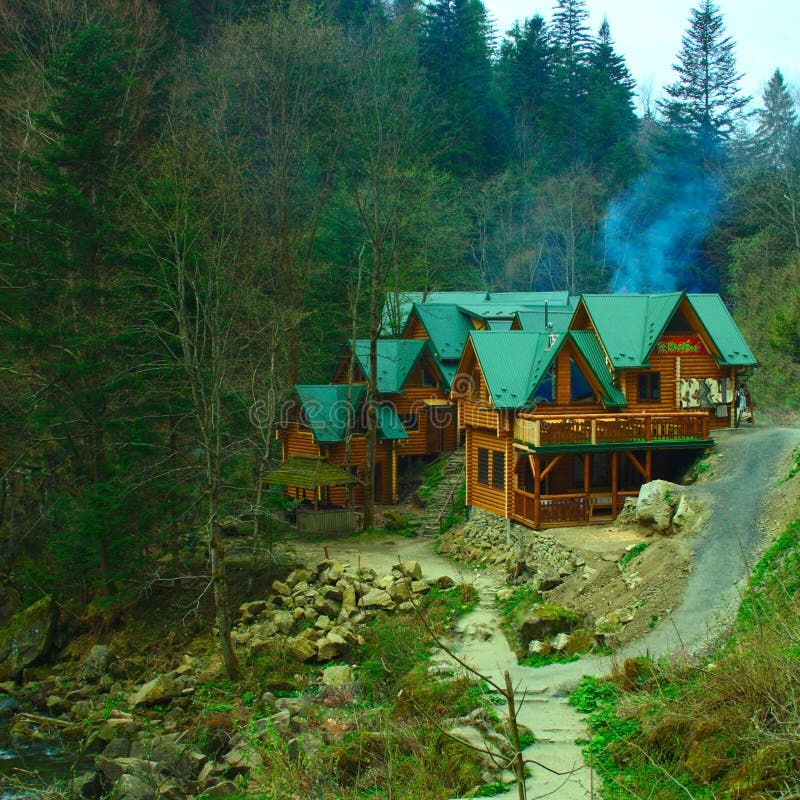 Forest and Mountains, Tourist Complex Stock Image - Image of pine, mist ...