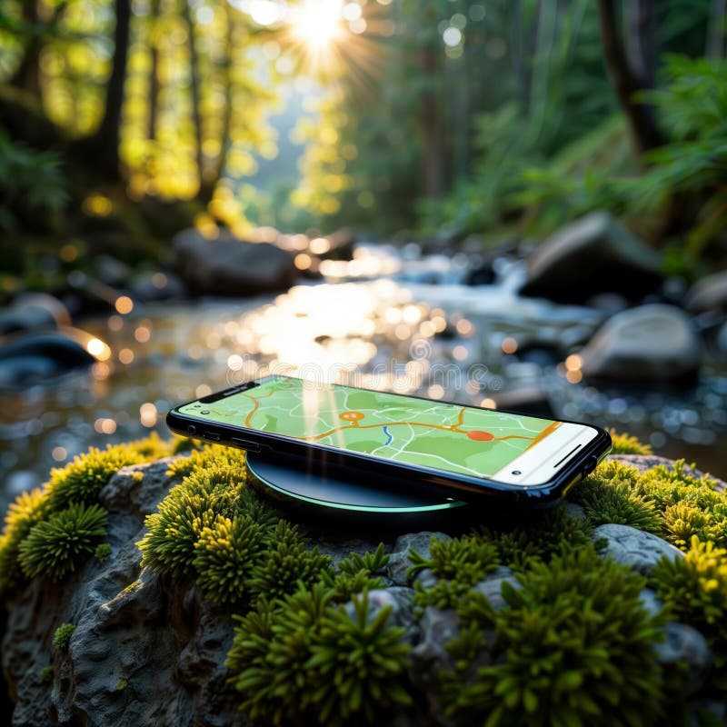 Smartphone Displaying Map Near Stream in Forest, Generative Ai Stock ...