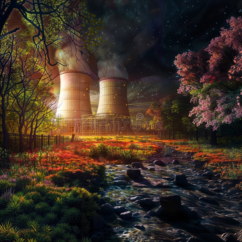Nuclear Power Plant in the Forest at Night, 3d Render, Generative Ai ...