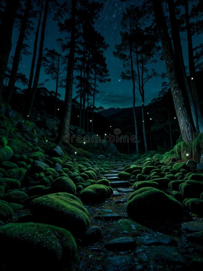 Forest at Night, with Moss-covered Rocks. Generative AI Stock ...