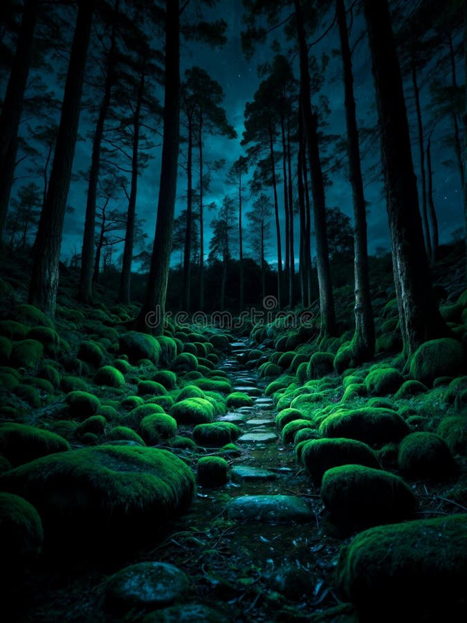 Forest at Night, with Moss-covered Rocks. Generative AI Stock ...