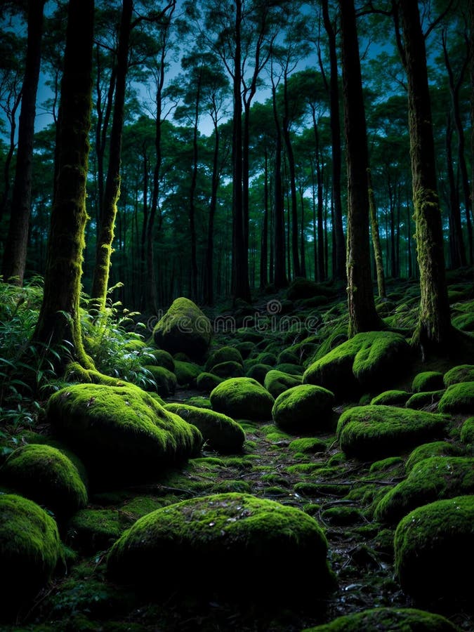 Forest at Night, with Moss-covered Rocks. Generative AI Stock ...