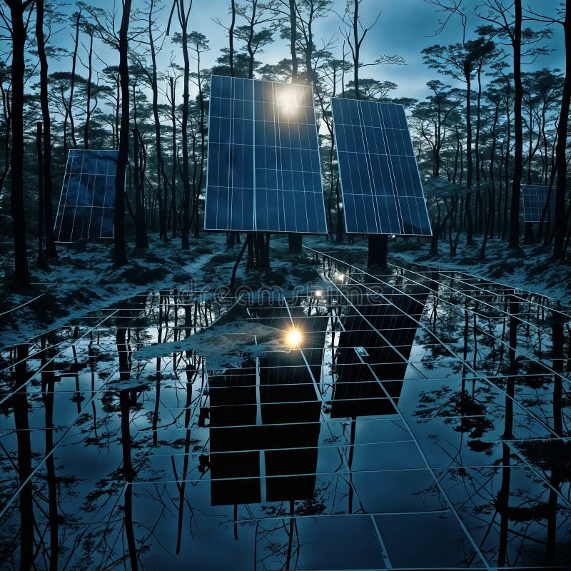 Forest Reflections: Solar Panels in a Forest, Their Reflection in a ...