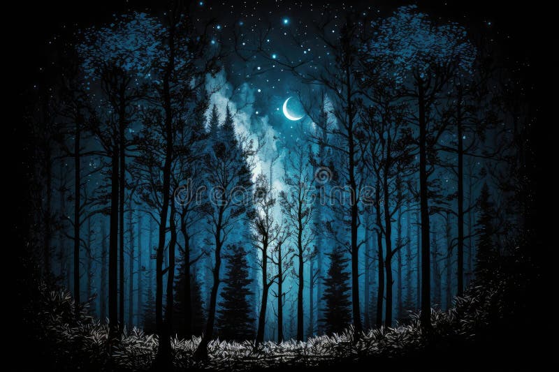 Forest at Night, with the Stars Shining and Moonlight Illuminating the ...