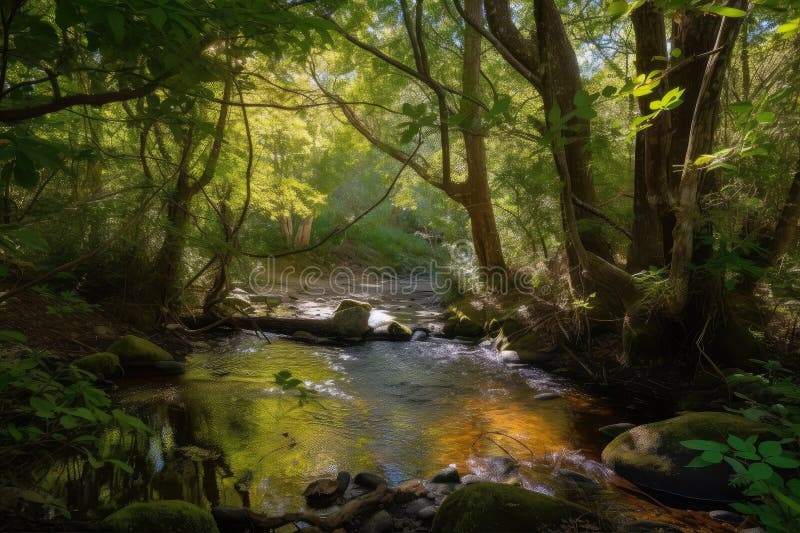 Forest Oasis with Babbling Brook and Shady Tree Canopy Stock ...