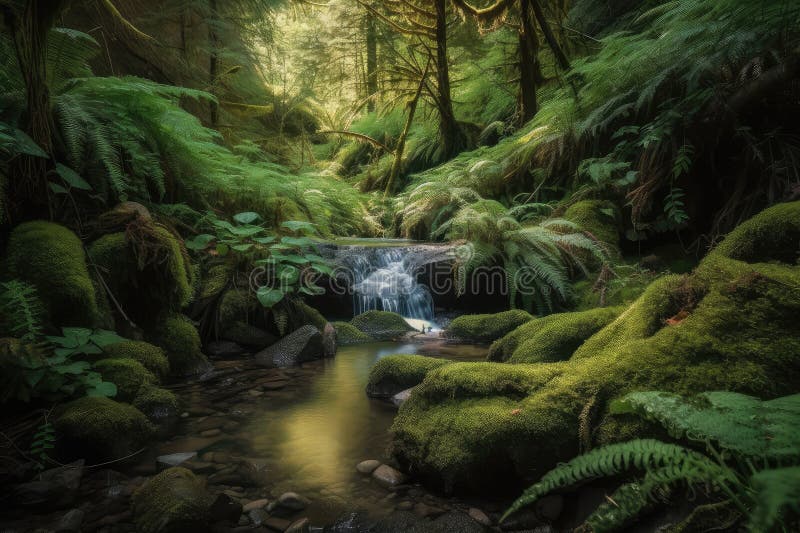Forest Oasis with Babbling Brook and Waterfall Surrounded by Greenery ...