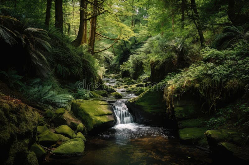 Forest Oasis with Babbling Brook and Waterfall, Surrounded by Towering ...