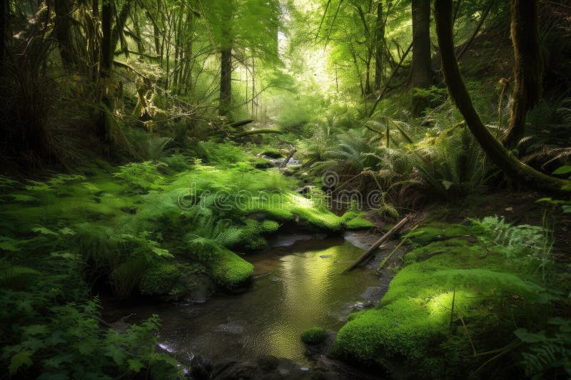 Forest Oasis with Clear, Babbling Stream and Lush Greenery Stock ...