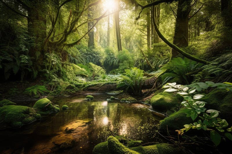 Forest Oasis with Clear, Babbling Stream and Lush Greenery Stock Photo ...