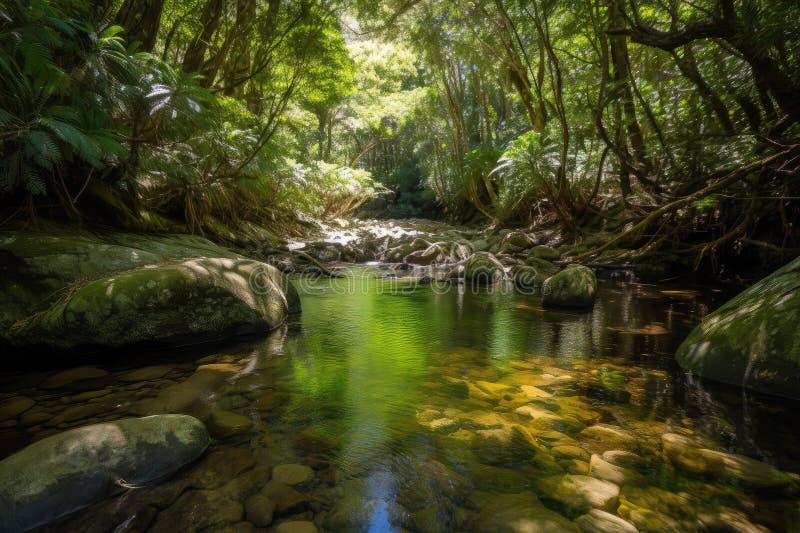Forest Oasis with Crystal-clear Stream and Cool, Shady Trees Stock ... Forest Oasis with Crystal-clear Stream and Cool, Shady Trees Stock ...