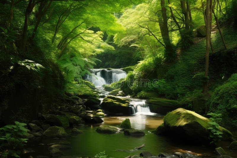 Forest Oasis with Crystal-clear Stream and Waterfall, Surrounded by ...