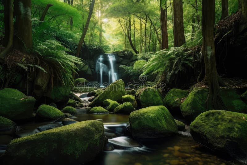 Forest Oasis with Flowing Stream and Waterfalls Stock Illustration ...