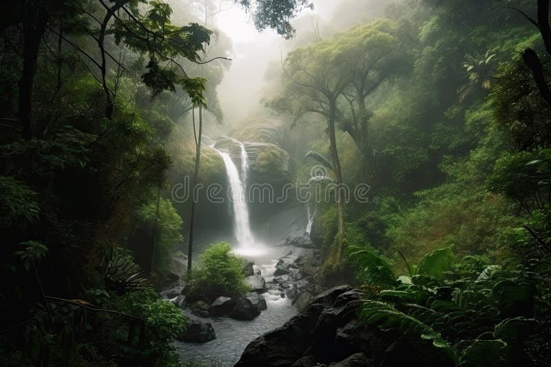 Forest Oasis with Misty Waterfall, Surrounded by Greenery Stock ...