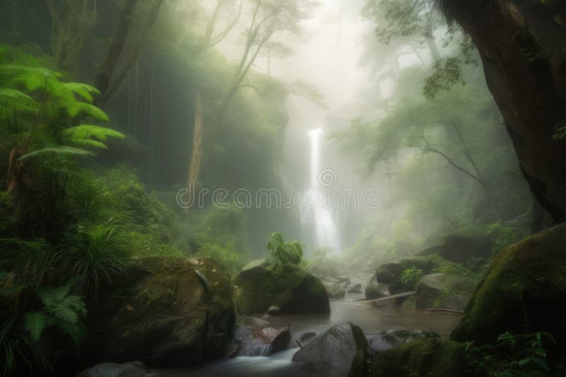 Forest Oasis with Misty Waterfall, Surrounded by Greenery Stock ...