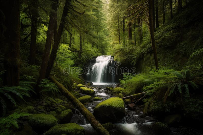 Forest Oasis with Rushing Stream and Waterfall, Surrounded by Greenery ...