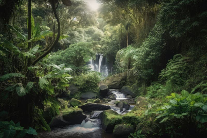 Forest Oasis with Rushing Waterfall, Surrounded by Lush Greenery Stock ...