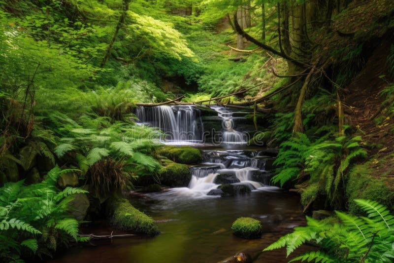 Forest Oasis with Stream and Waterfall, Surrounded by Lush Greenery ...
