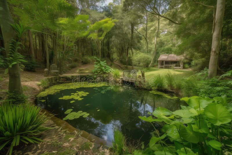 Forest Oasis with Tranquil Pond, Surrounded by Lush Greenery Stock ...