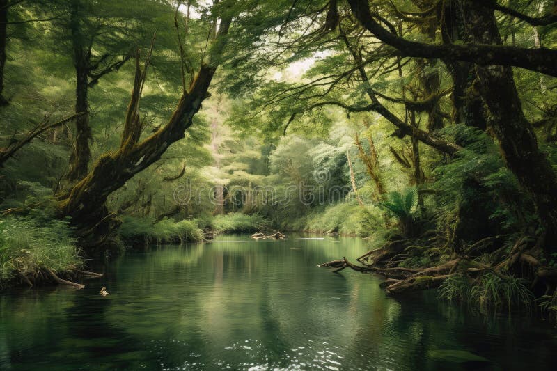 Forest Oasis with Tranquil River Flowing through it Stock Illustration ...