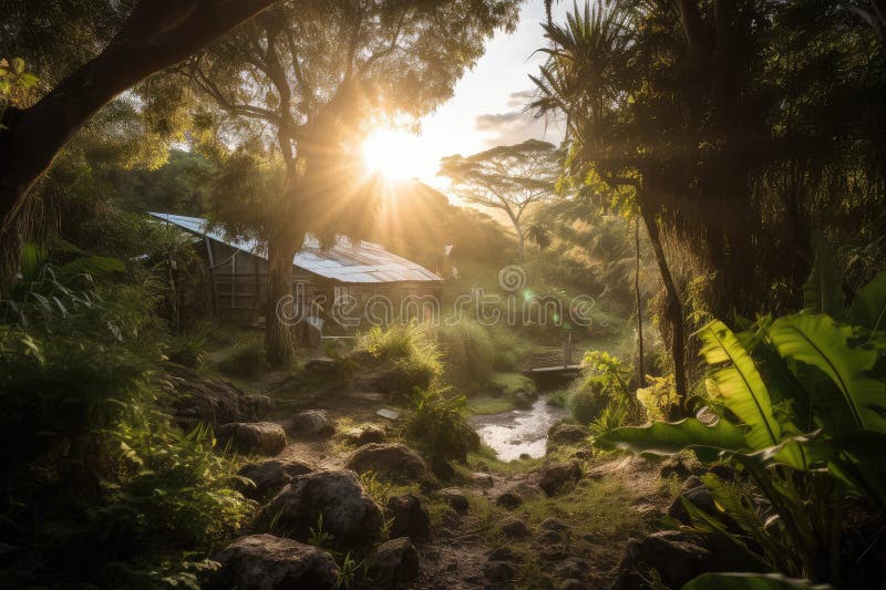 Forest Oasis, with View of the Sun Setting Over the Trees Stock ... Forest Oasis, with View of the Sun Setting Over the Trees Stock ...