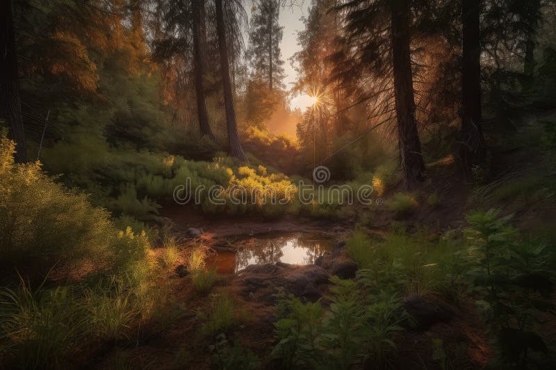 Forest Oasis, with View of the Sun Setting Over the Trees Stock ... Forest Oasis, with View of the Sun Setting Over the Trees Stock ...