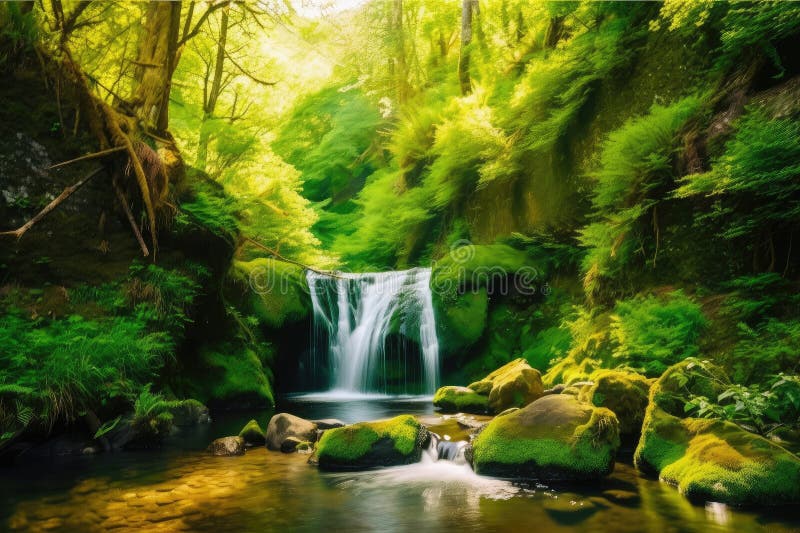 Forest Oasis with Waterfall and Clear Stream, Surrounded by Greenery ...