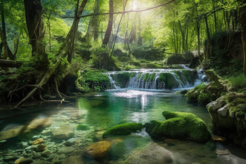 Forest Oasis with Waterfall and Crystal-clear Stream Stock Image ... Forest Oasis with Waterfall and Crystal-clear Stream Stock Image ...