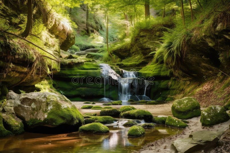 Forest Oasis with Waterfall and Crystal-clear Stream Stock Illustration ... Forest Oasis with Waterfall and Crystal-clear Stream Stock Illustration ...