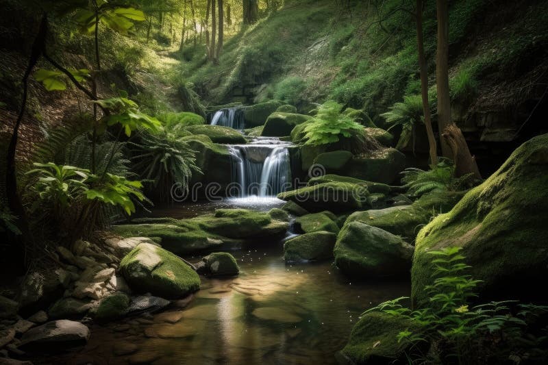 Forest Oasis with Waterfall and Crystal-clear Stream Stock Illustration ... Forest Oasis with Waterfall and Crystal-clear Stream Stock Illustration ...