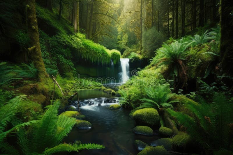 Forest Oasis, with Waterfall and Stream, Surrounded by Greenery Stock ...
