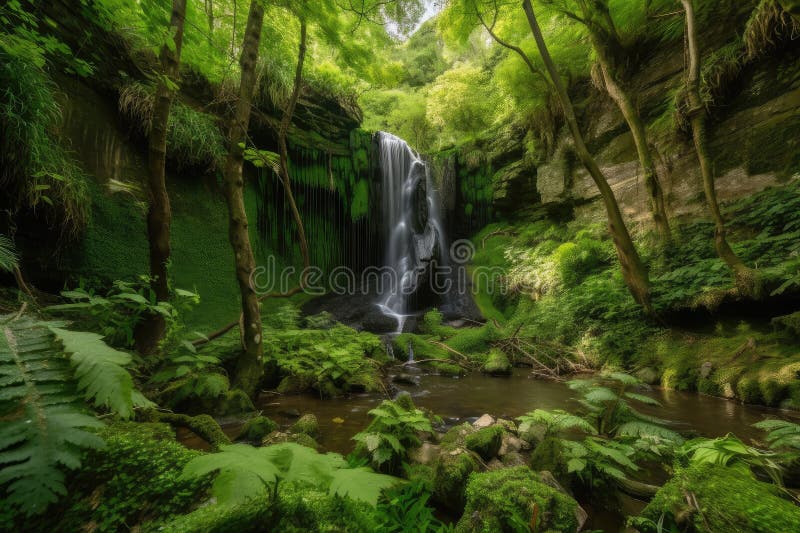 Forest Oasis with Waterfall, Surrounded by Greenery Stock Illustration ...