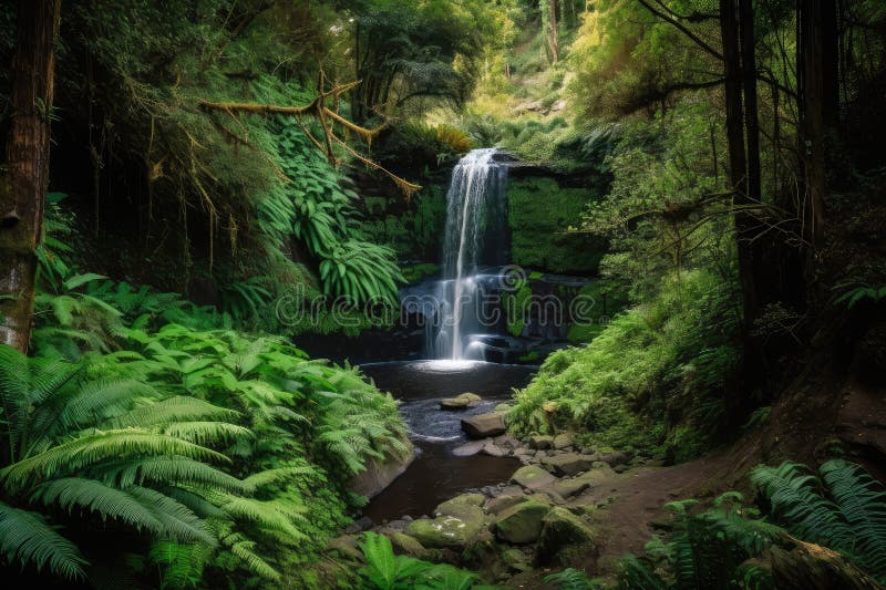Forest Oasis with Waterfall, Surrounded by Greenery Stock Illustration ...