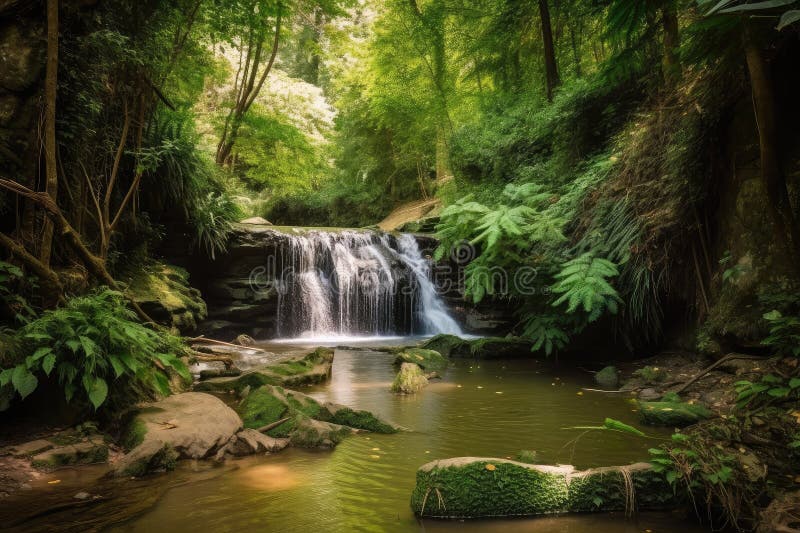 Forest Oasis with Waterfall, Surrounded by Greenery and Tranquility ...