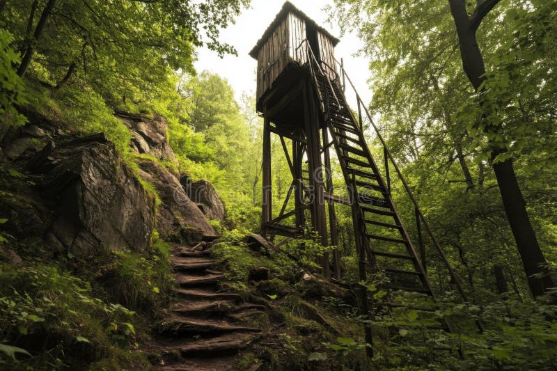 Forest Observation Tower Along Rustic Trail in Lush Greenery Stock ...