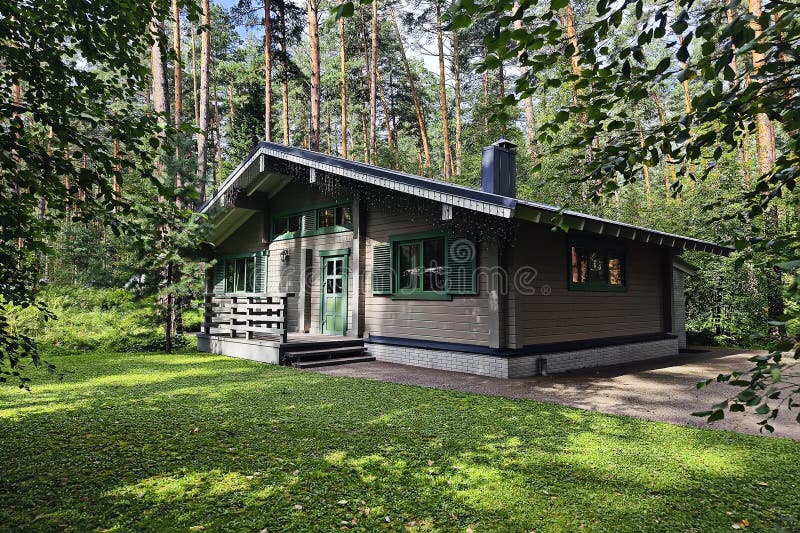 Forest and One-storied, House in it Summer Day. Modern Log Cabin in the ...