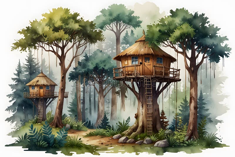 Forest Outpost with Treehouses and Wildlife Encounters Stock Image ...